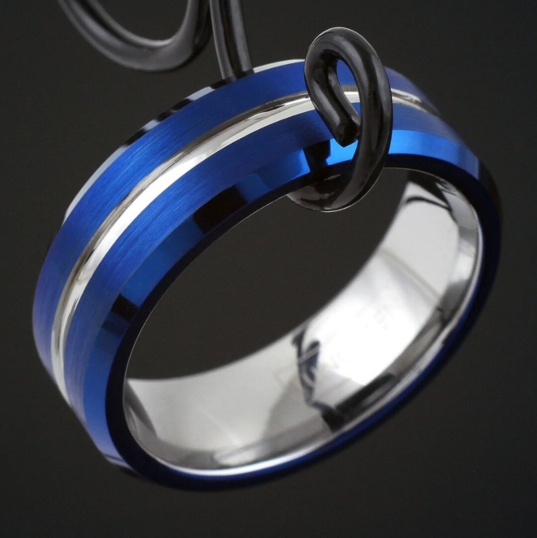 Brilliant Two-tone Royal Blue Tungsten Ring With Silver Recessed Stripe ...