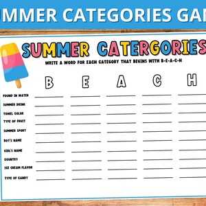 Summer Categories Game Printable Summer Game for Kids & - Etsy