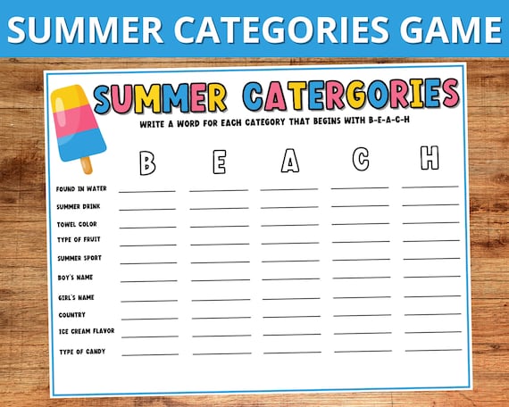 Summer Categories Game Printable Summer Game for Kids & - Etsy
