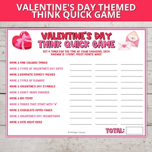 Valentine's Day Themed Think Quick Game, Valentine's Day Trivia Game ...