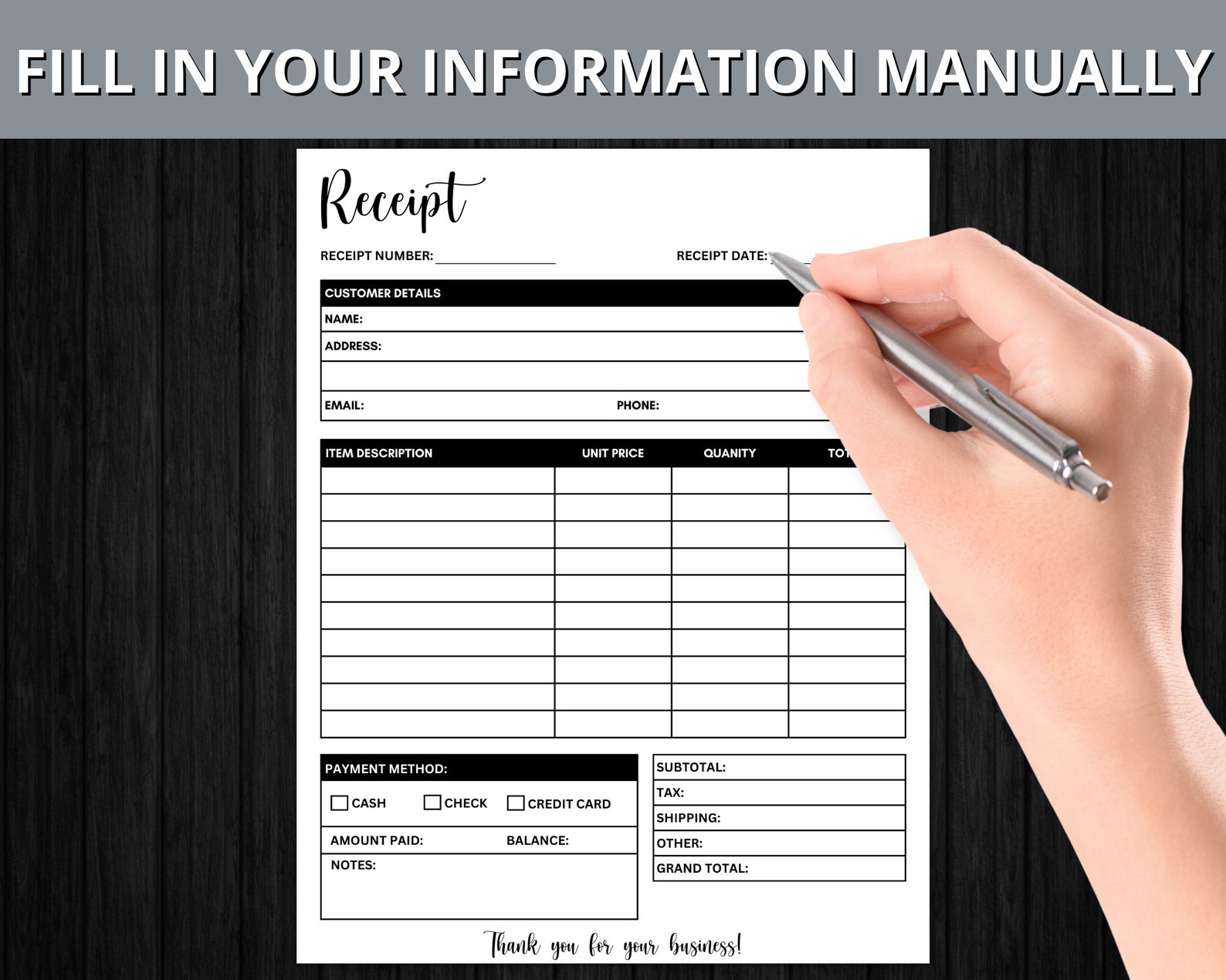 Editable Receipt Template, Customer Receipt Template, Order Receipt ...