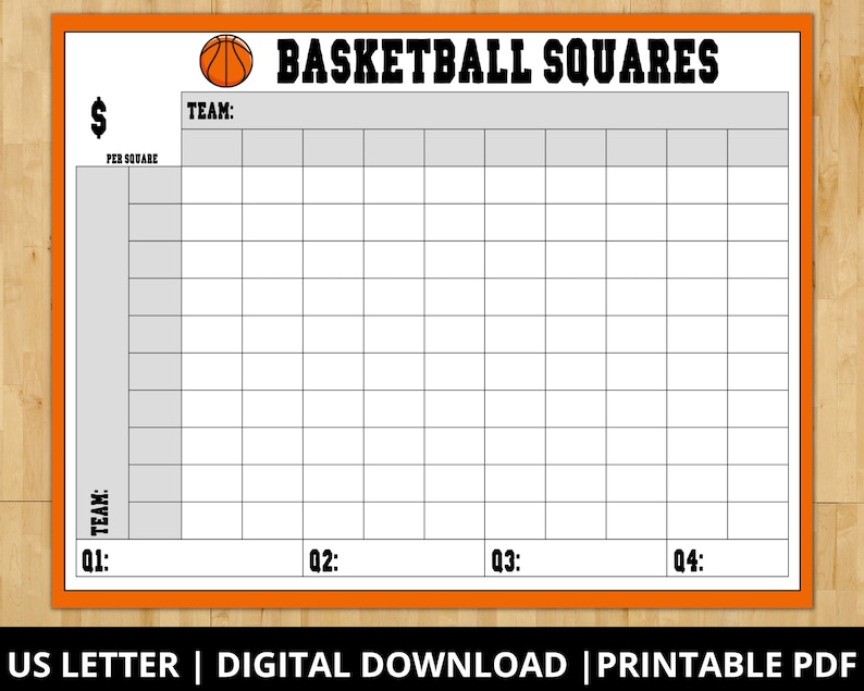 Printable Basketball Squares Game, Basketball Pool Grid, 100 Squares ...