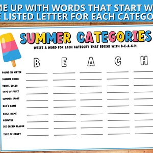 Summer Categories Game, Printable Summer Game for Kids & Adults, Summer ...