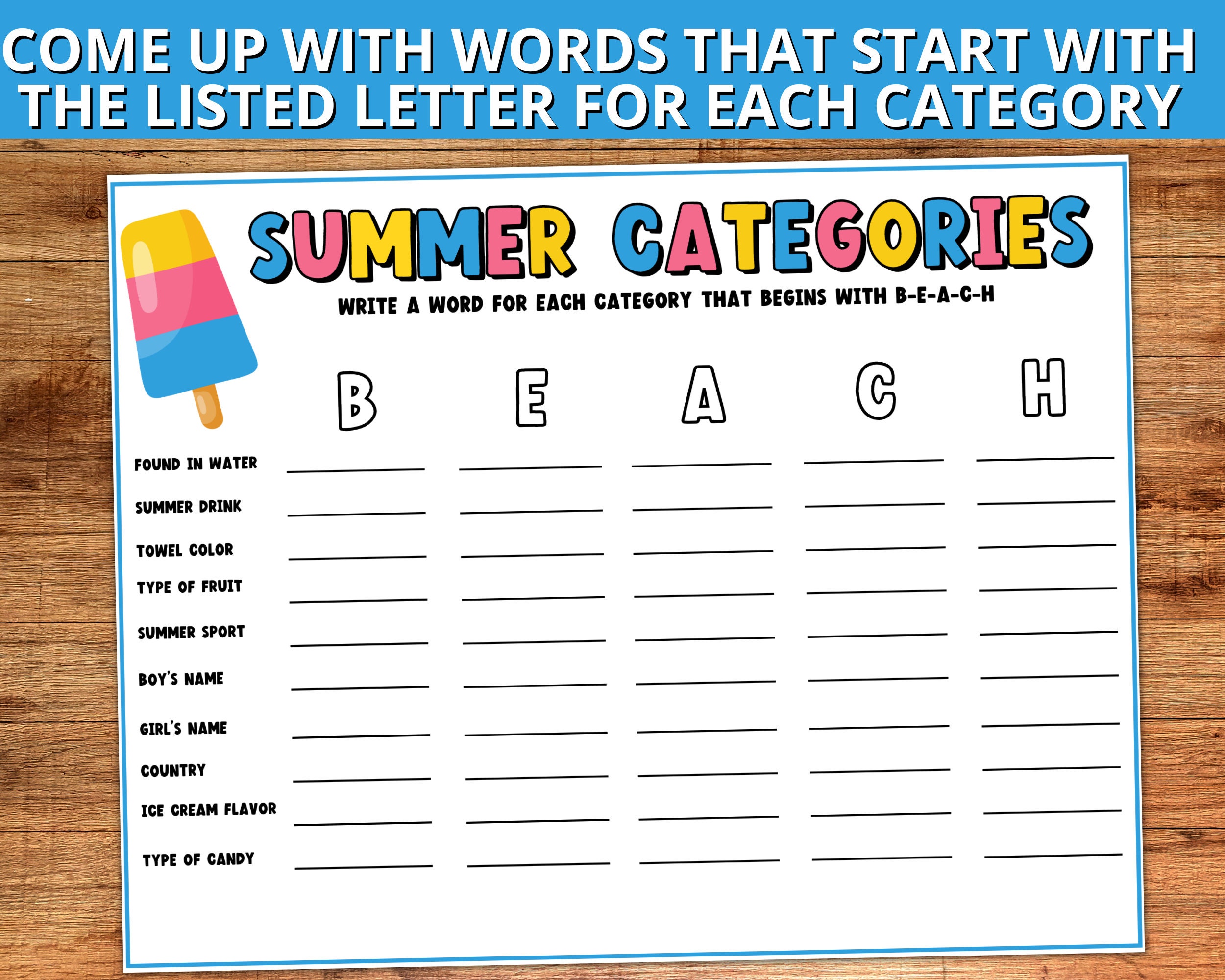 Summer Categories Game, Printable Summer Game for Kids & Adults, Summer ...