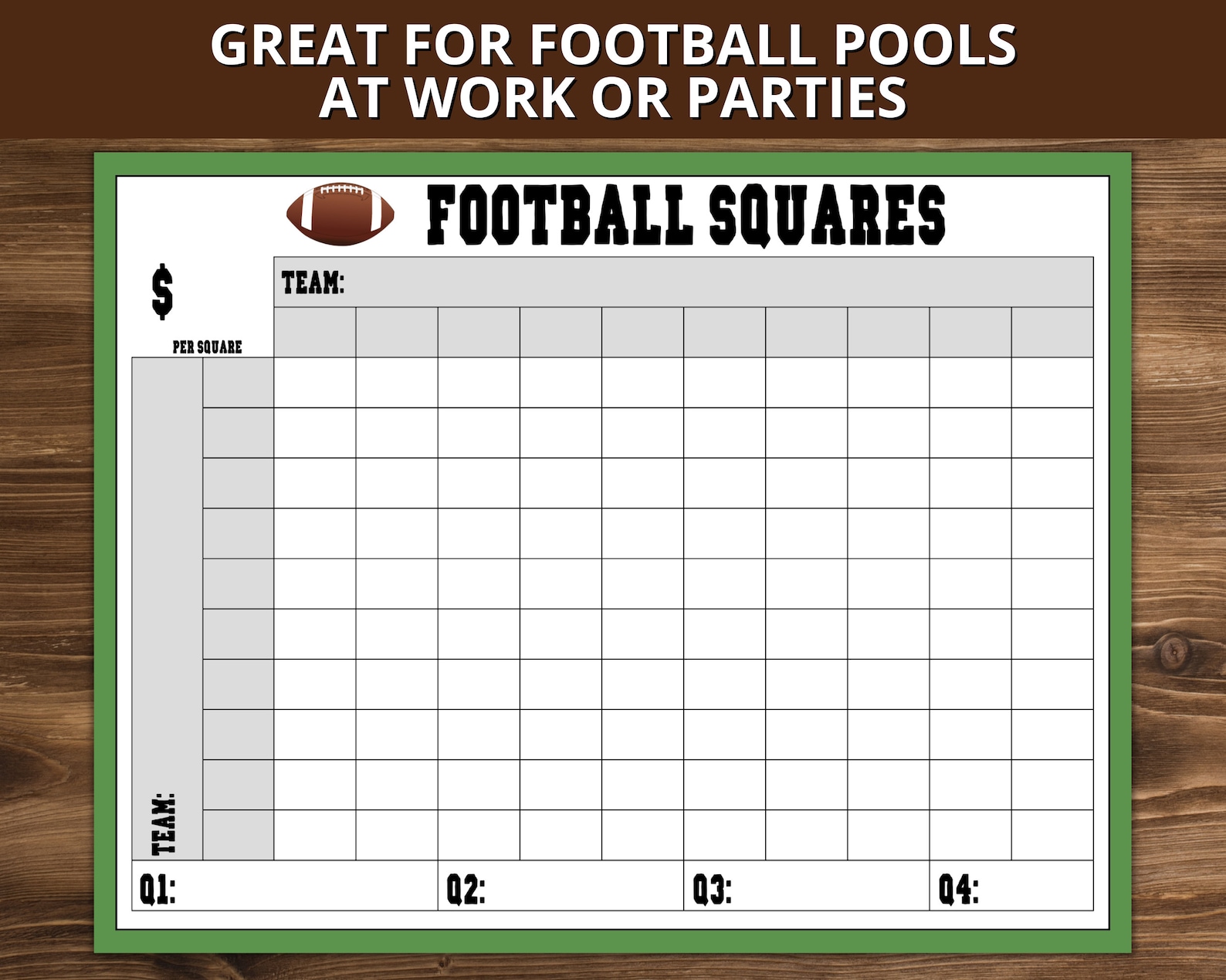 Football Squares Game, 100 Squares, the Big Game Squares Grid, Football ...