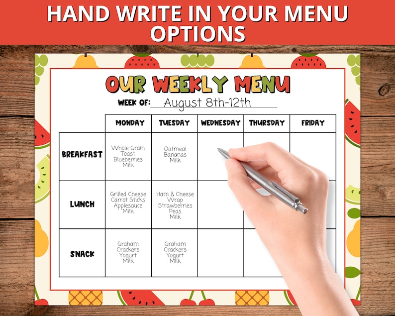 Editable Daycare Weekly Menu, Editable Daycare Menu, Fillable Daycare ...