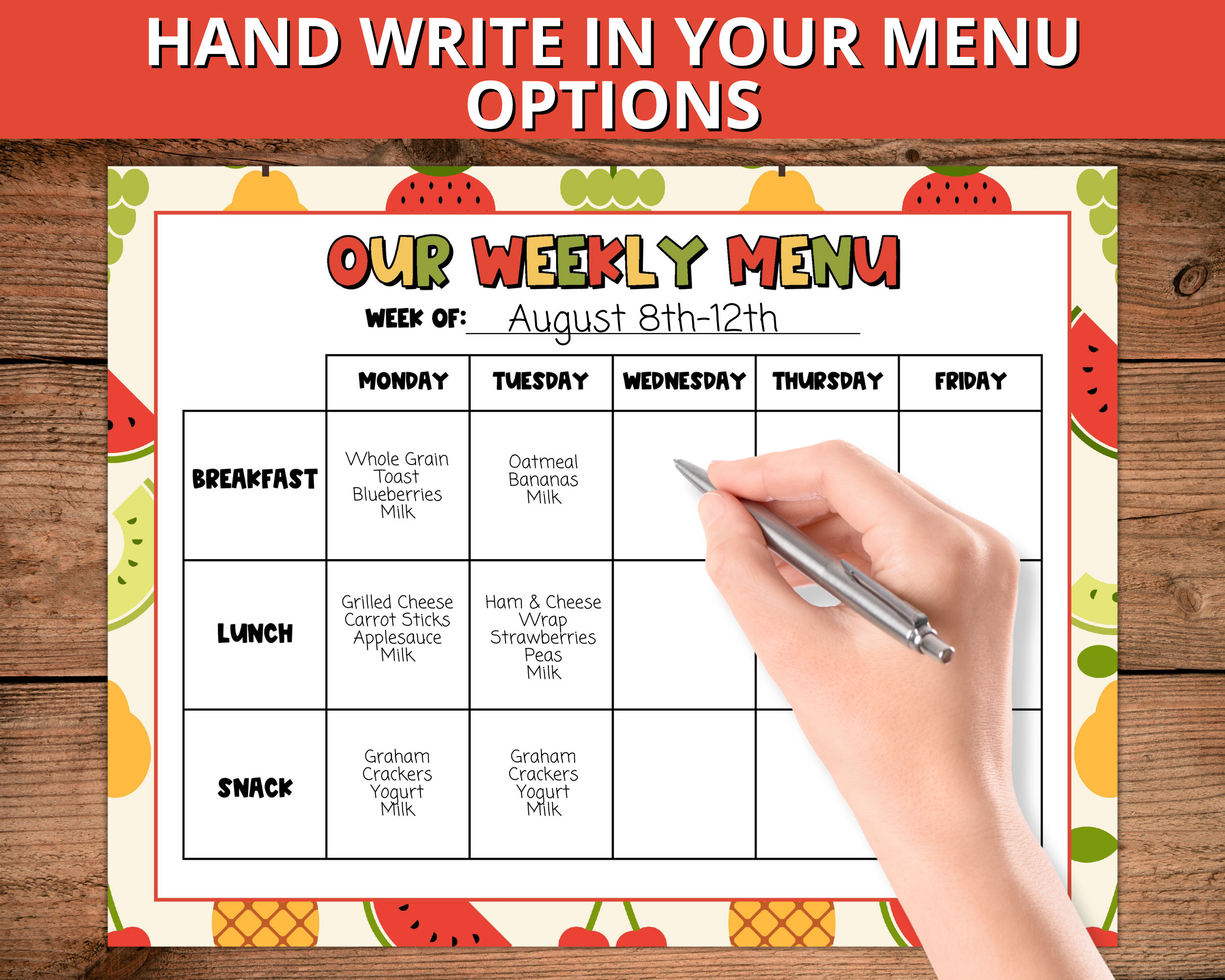 Editable Daycare Weekly Menu, Editable Daycare Menu, Fillable Daycare ...