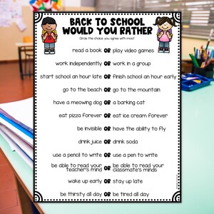 Would You Rather Back to School Activity, First Day of School Game ...