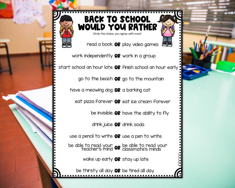 Would You Rather Back to School Activity, First Day of School Game ...
