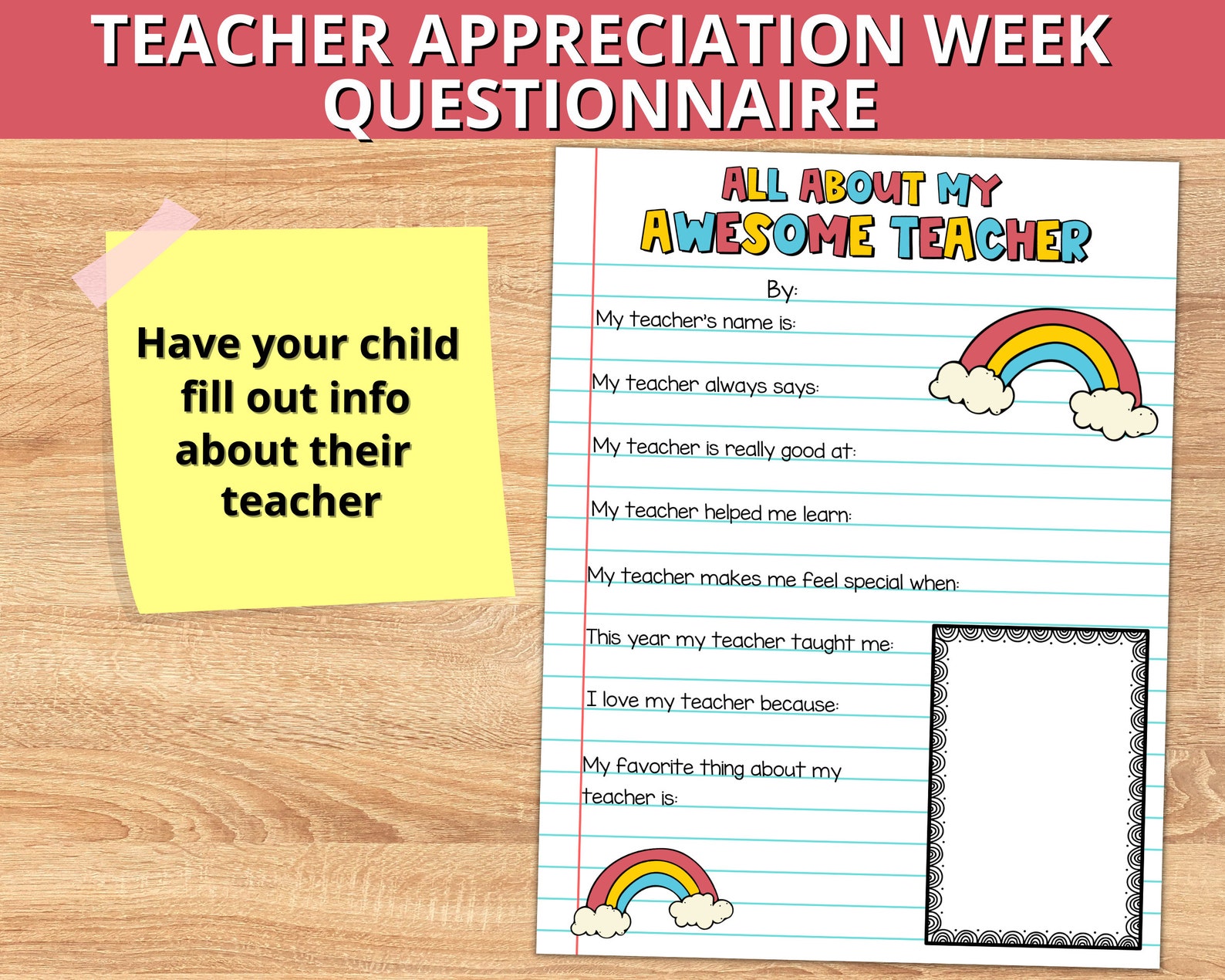 All About My Teacher Questionnaire, Teacher Appreciation Week Printable ...