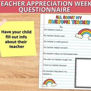 All About My Teacher Questionnaire, Teacher Appreciation Week Printable ...
