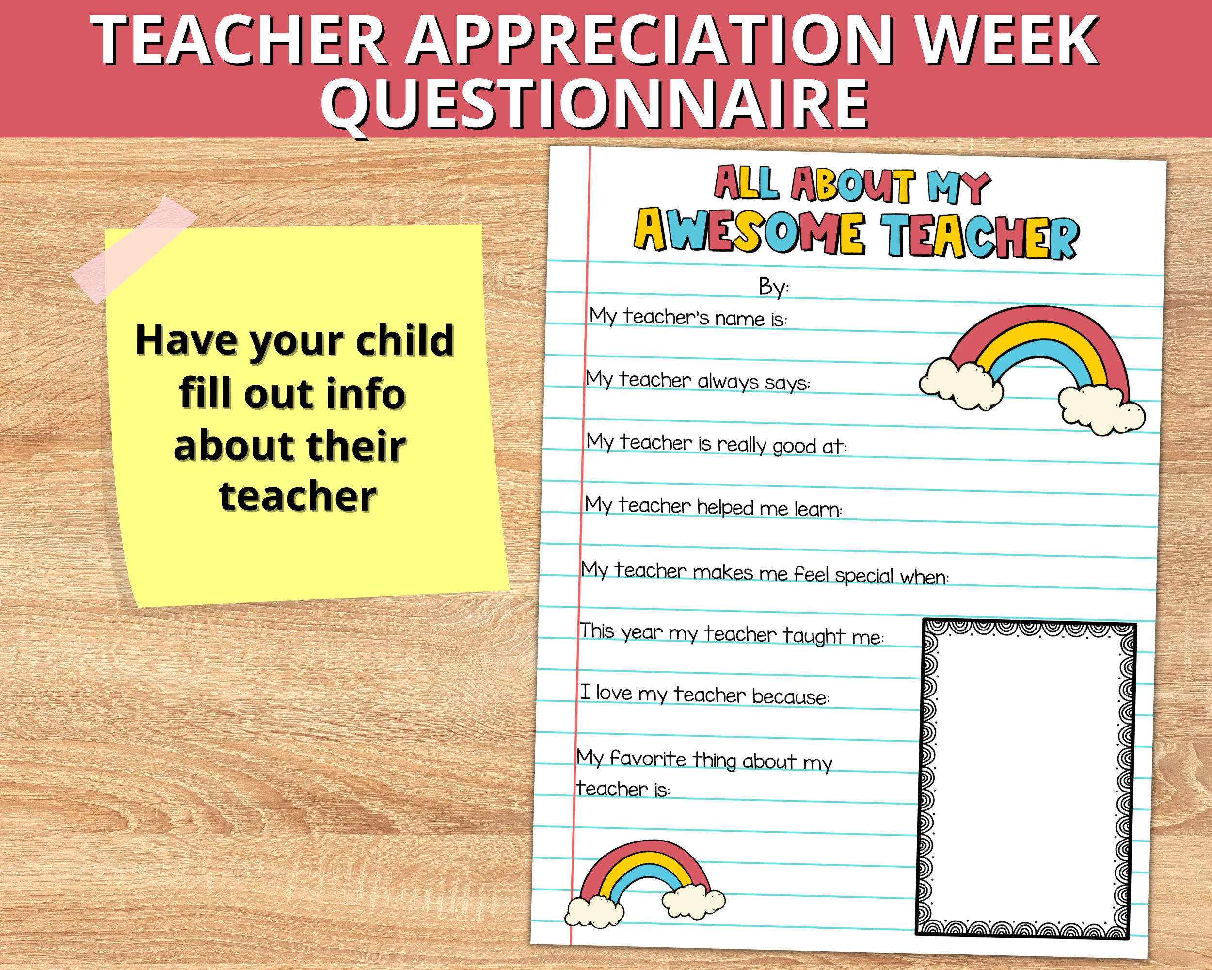 All About My Teacher Questionnaire, Teacher Appreciation Week Printable ...