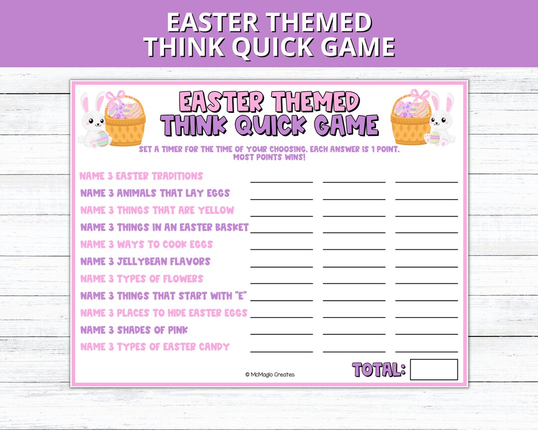 Easter Themed Think Quick Game, Easter Trivia Game, Family Activity for ...
