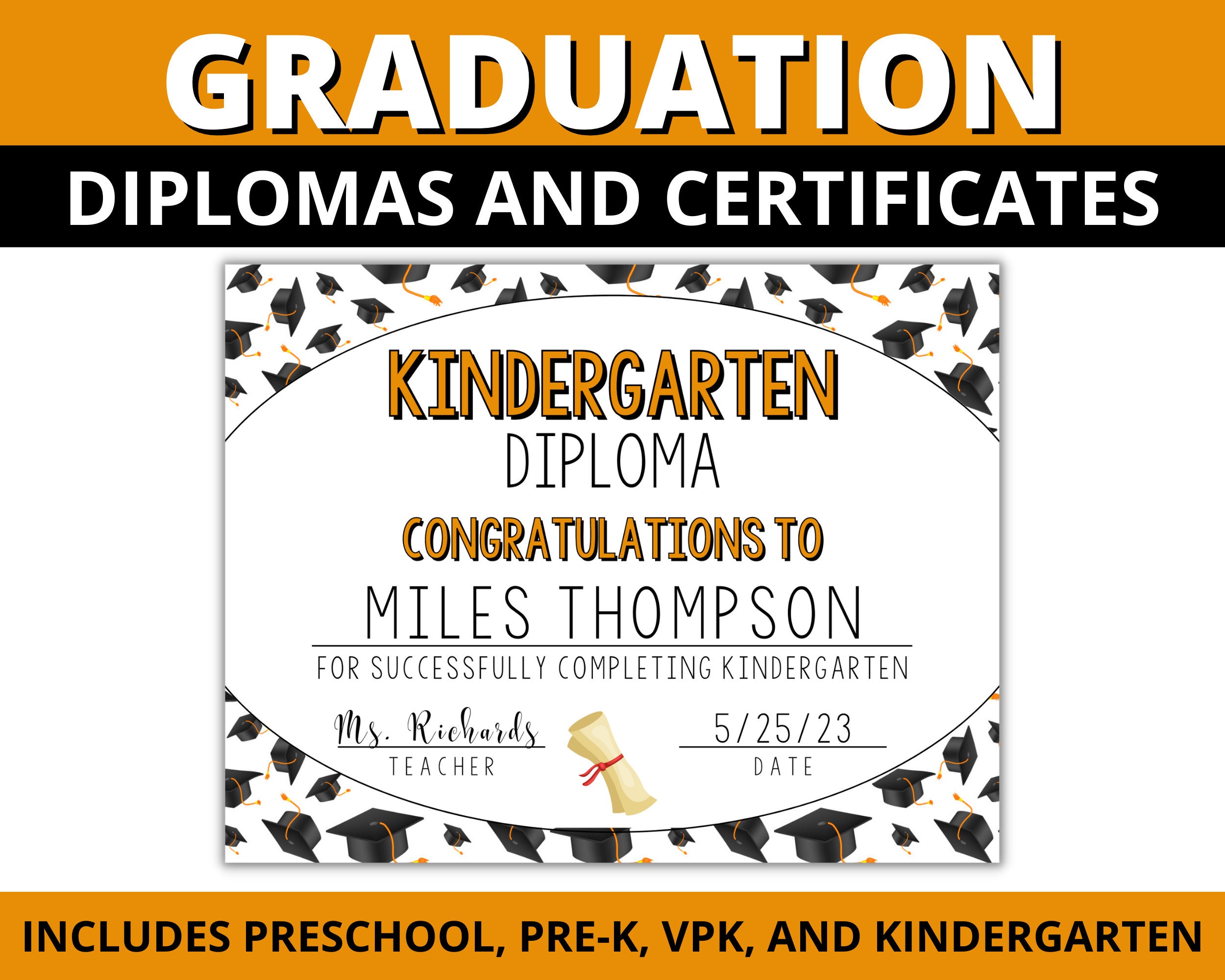 Kindergarten Graduation Certificate Template, Printable Certificate of ...