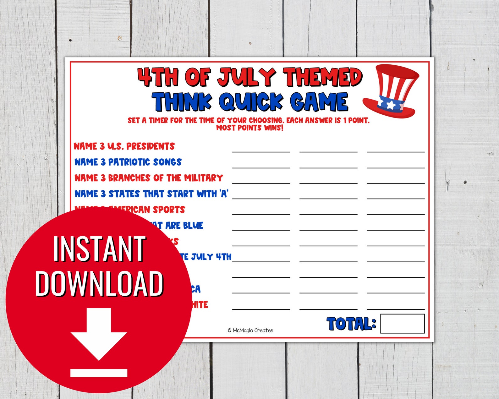 Fourth of July Themed Think Quick Game, Fourth of July Trivia Game ...