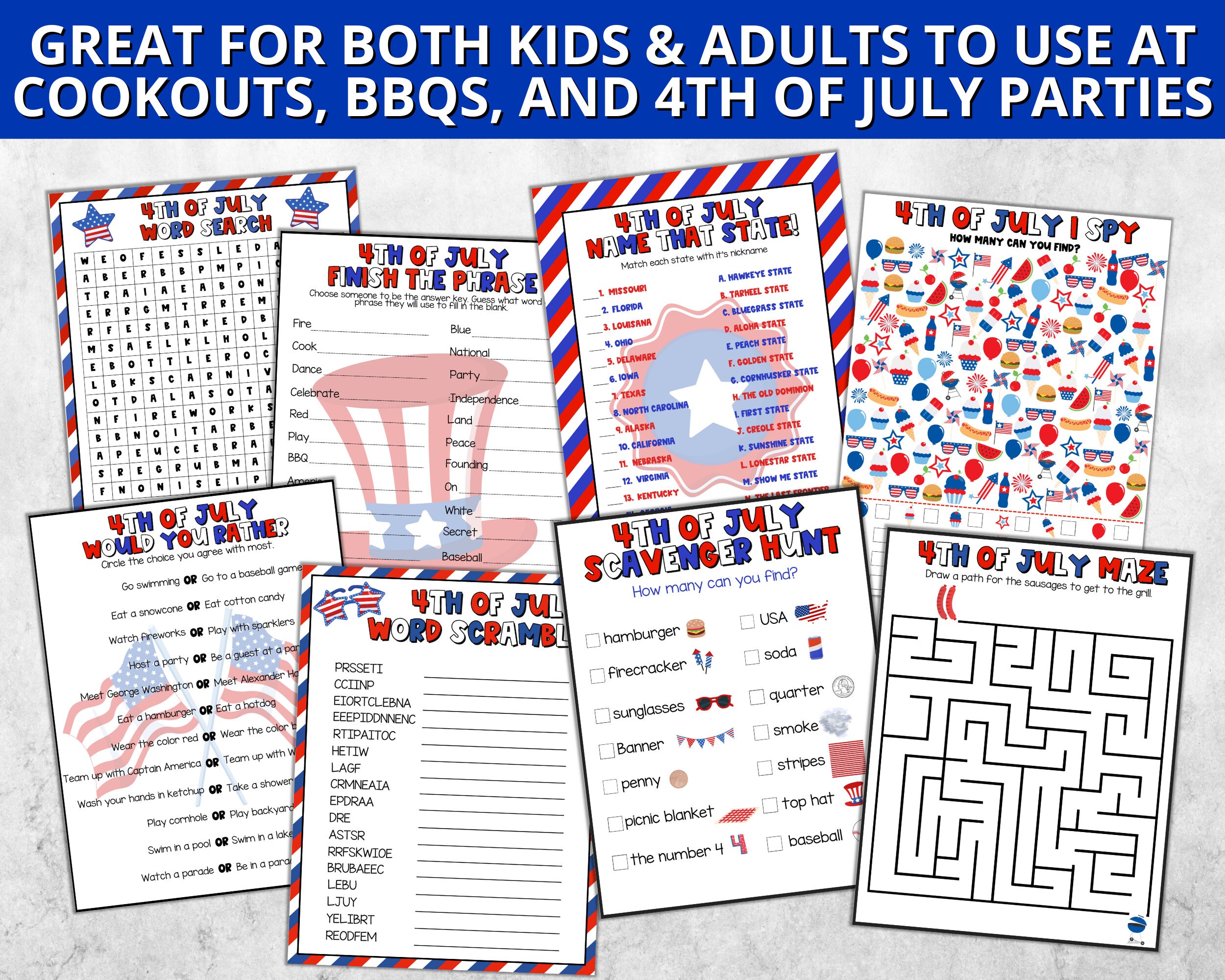 Fourth of July Printable Activities Bundle 4th of July Games - Etsy