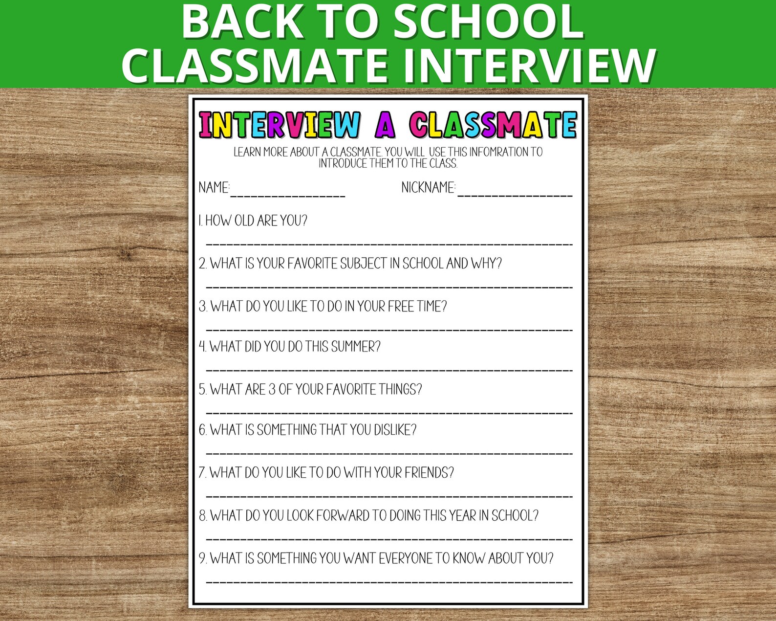 Back to School Interview a Classmate Activity First Day of - Etsy