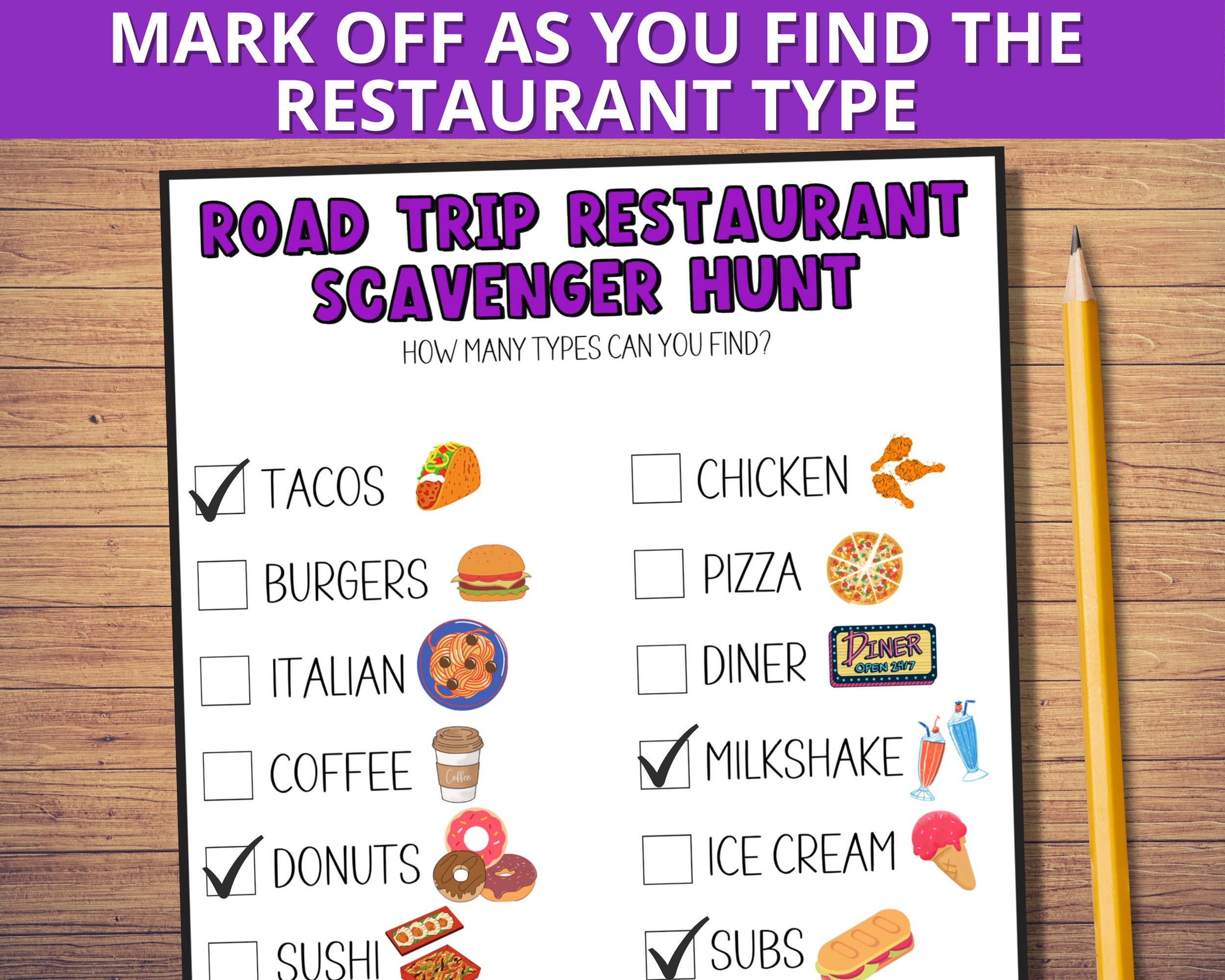Road Trip Scavenger Hunt, Restaurant Scavenger Hunt Printable for Kids ...
