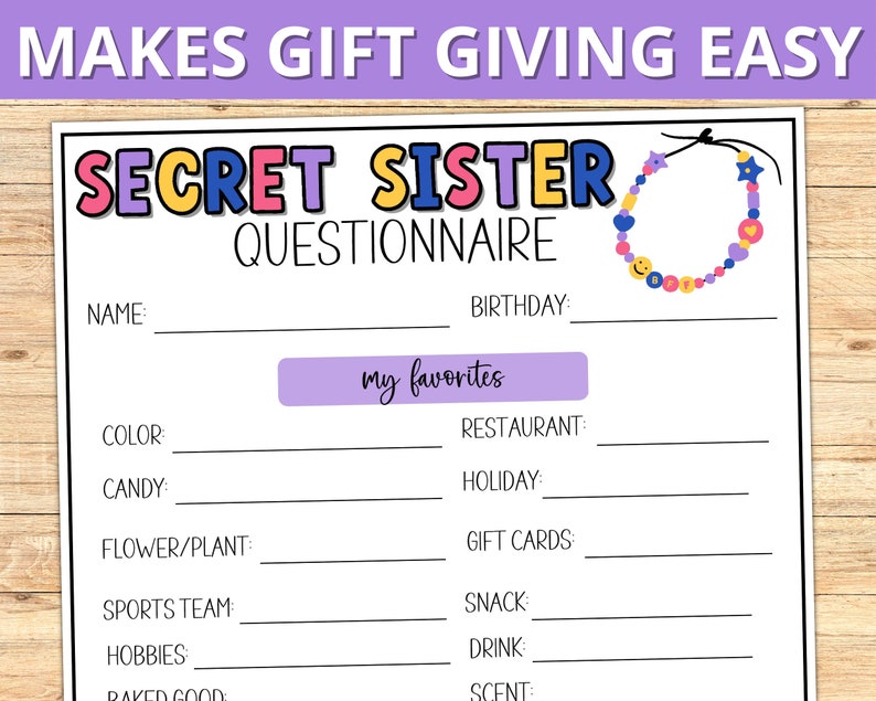 Secret Sister Questionnaire, Secret Sister Printable Survey, Gift ...