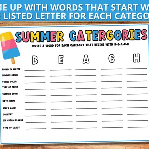Summer Categories Game Printable Summer Game for Kids & - Etsy