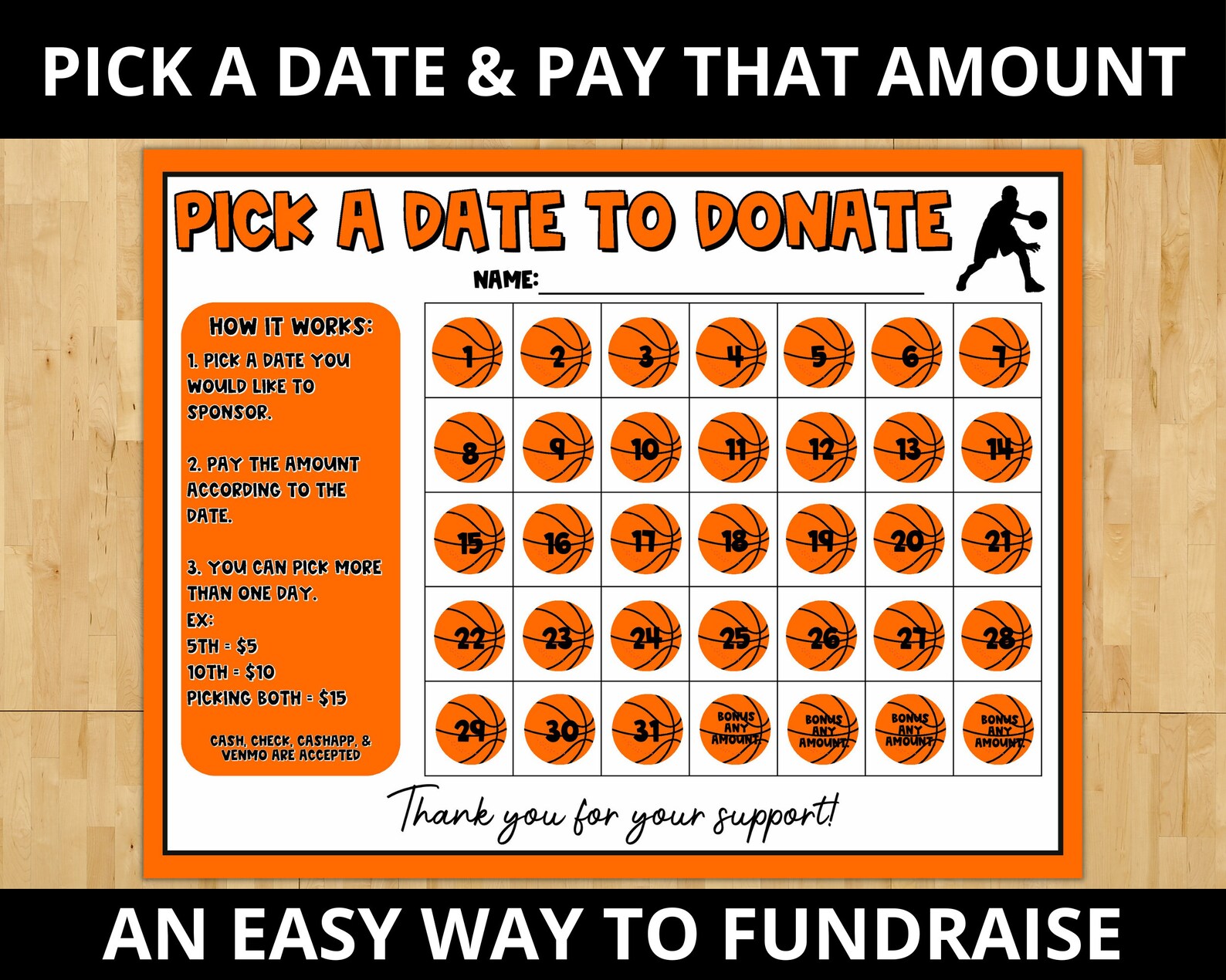 Basketball Calendar Fundraiser Pick A Date To Donate Printable 