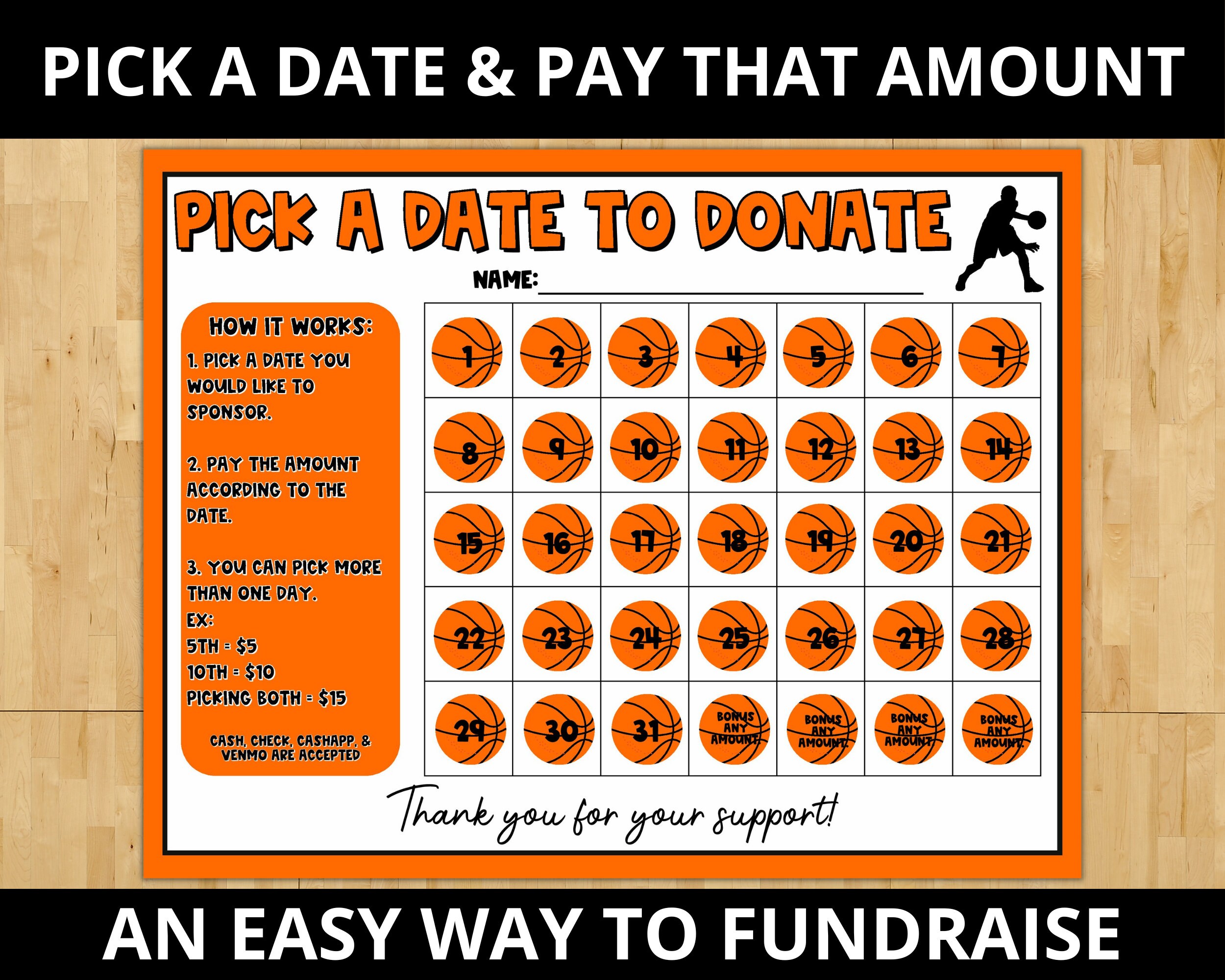 Basketball Calendar Fundraiser Pick A Date To Donate Etsy