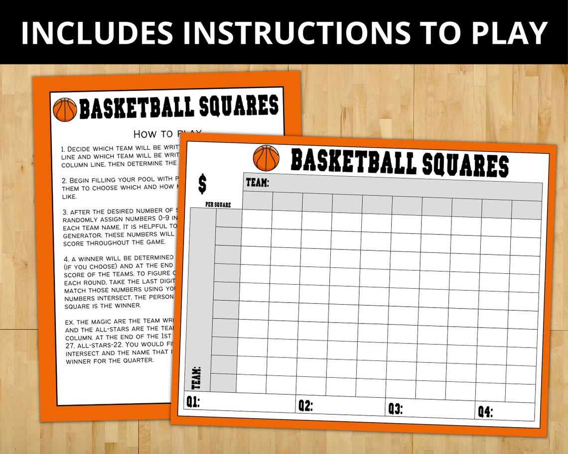Printable Basketball Squares Game Basketball Pool Grid 100 - Etsy