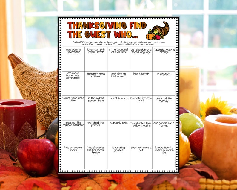 Thanksgiving Find the Guest Who Game Adult Thanksgiving Party - Etsy