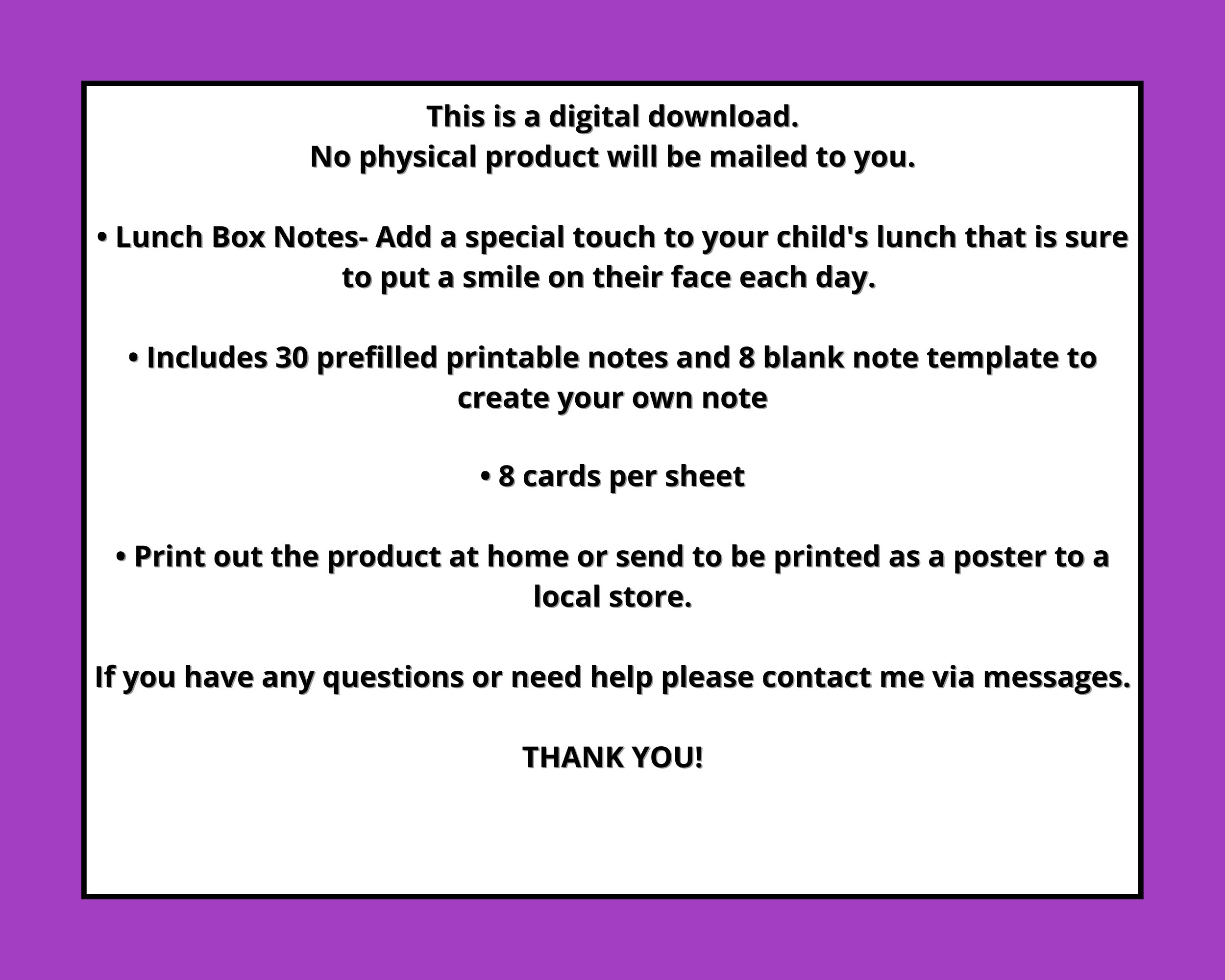 Lunch Box Notes for Kids, Lunch Box Note Template, Positive ...