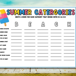 Summer Categories Game Printable Summer Game for Kids & - Etsy