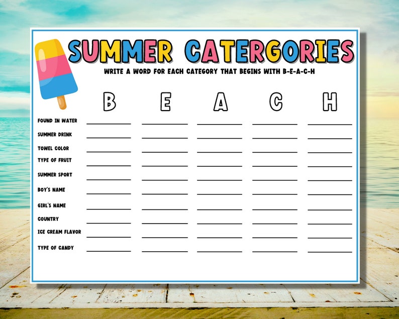 Summer Categories Game Printable Summer Game for Kids & - Etsy