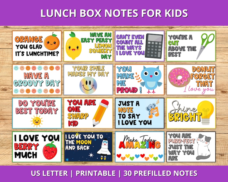 Lunch Box Notes for Kids, Lunch Box Note Template, Positive ...