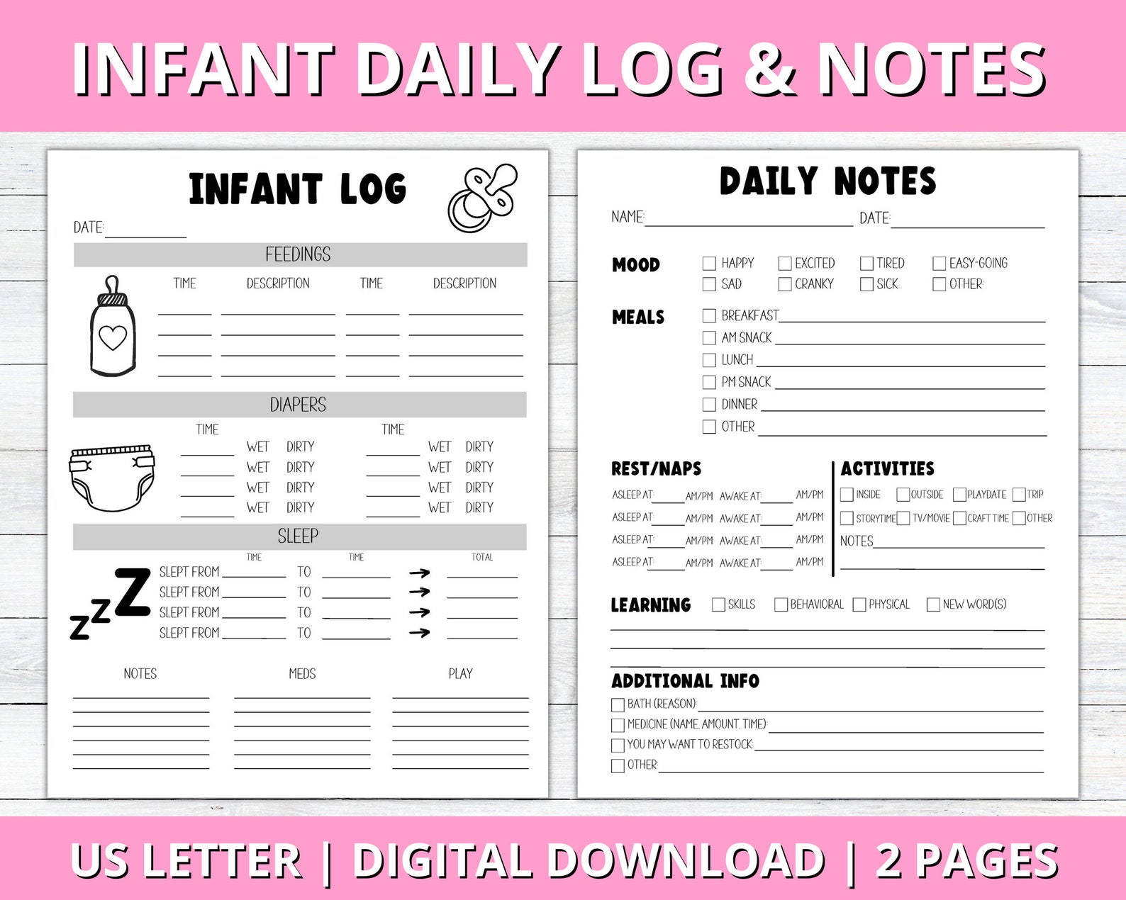 Infant Daily Log Printable, Baby Daily Log and Notes, Infant Daily ...