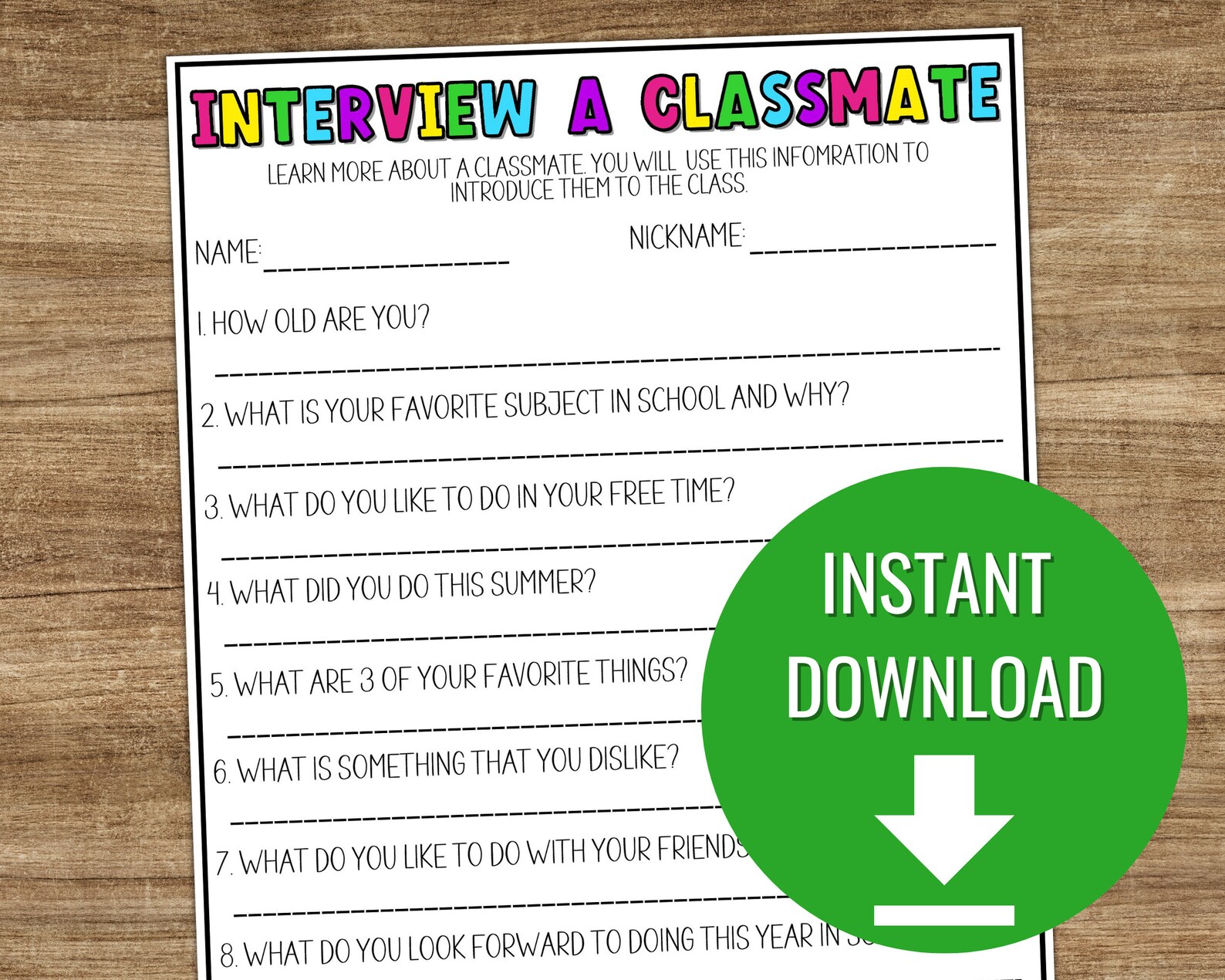 Back to School Interview a Classmate Activity First Day of - Etsy