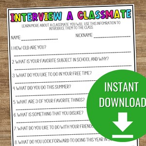Back to School Interview a Classmate Activity First Day of - Etsy