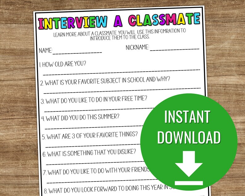 Back to School Interview a Classmate Activity First Day of - Etsy