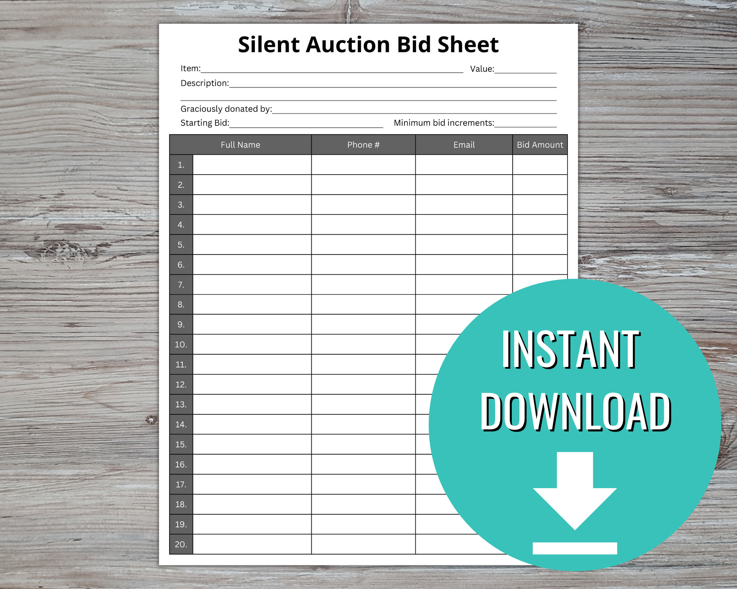 Silent Auction Bid Sheet, Editable Silent Auction Form, Silent Auction ...