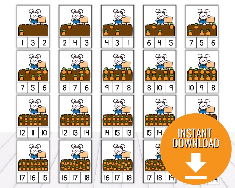 Carrot Themed Clip and Count Cards (1-20) With Worksheets Version ...