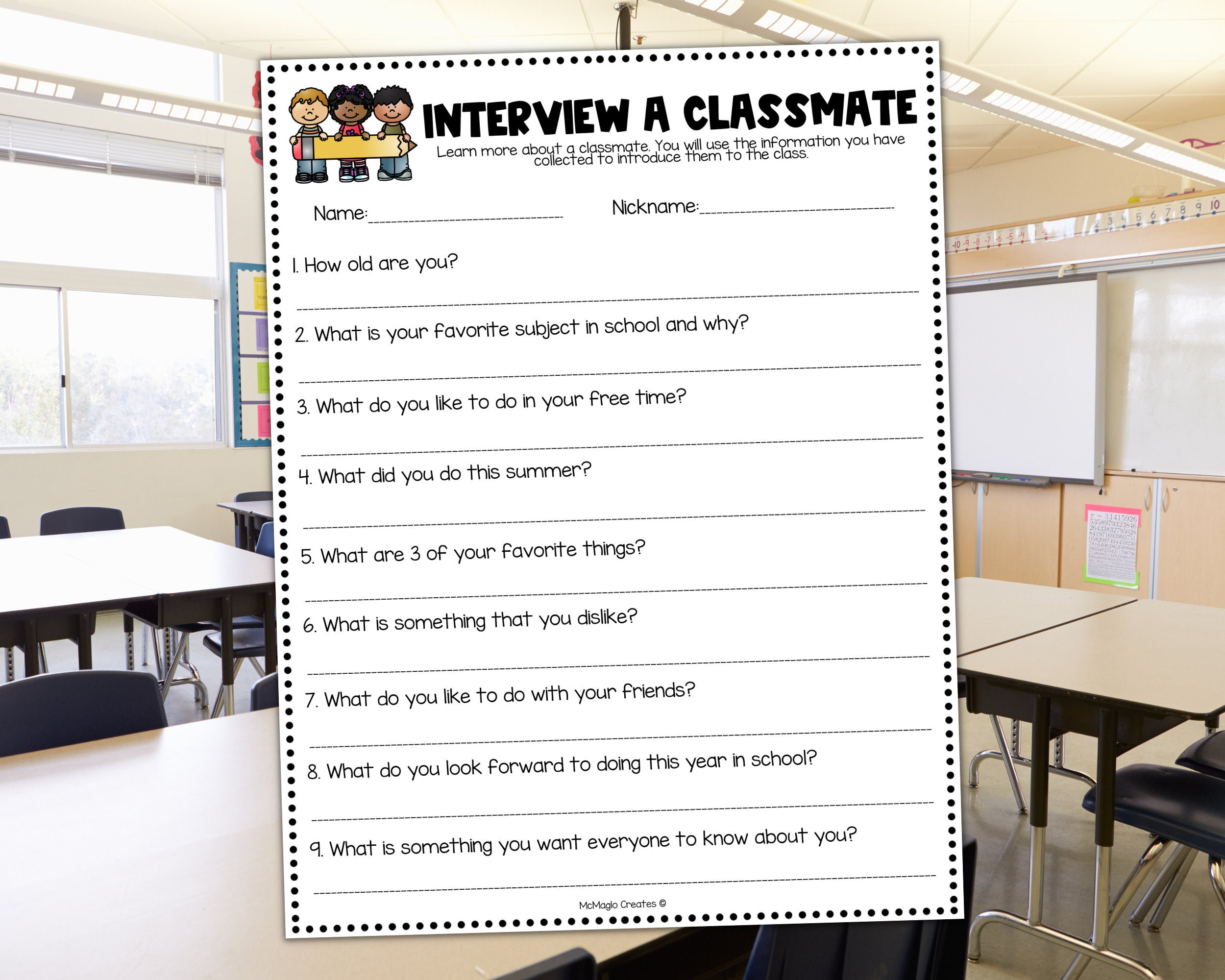 Back to School Interview a Classmate Activity, First Day of School Get ...