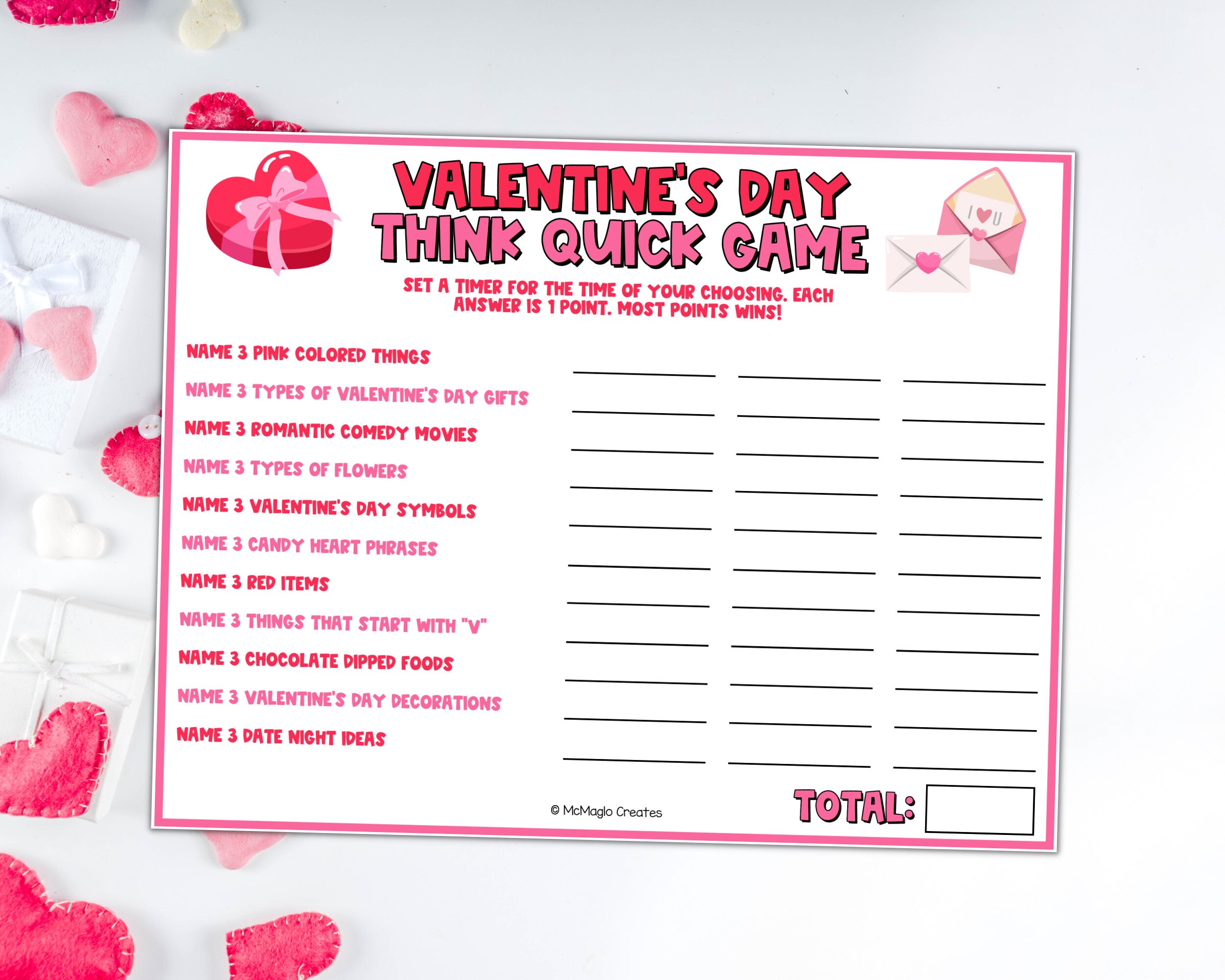 Valentine's Day Themed Think Quick Game, Valentine's Day Trivia Game ...