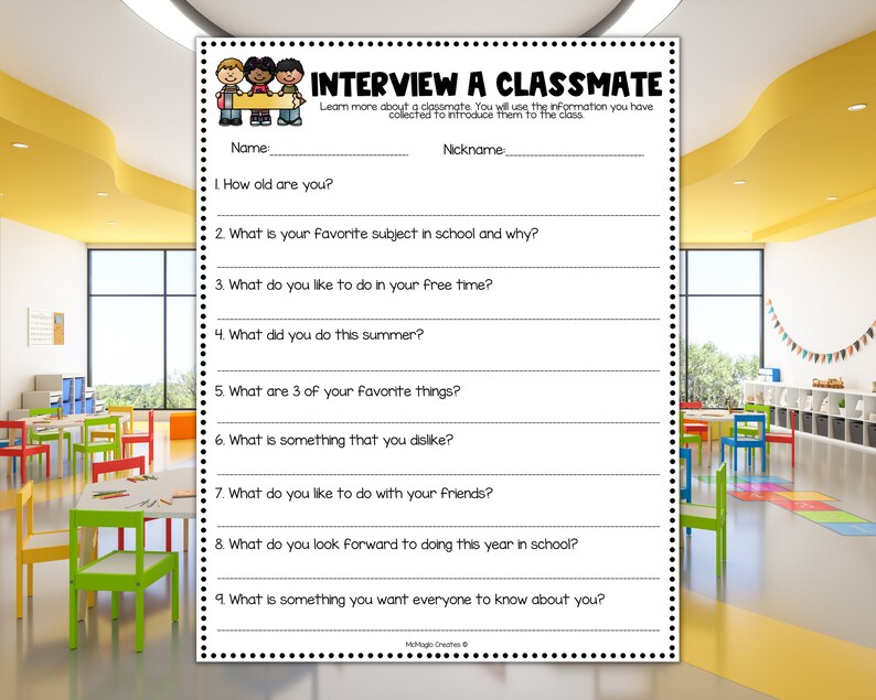 Back to School Interview a Classmate Activity, First Day of School Get ...