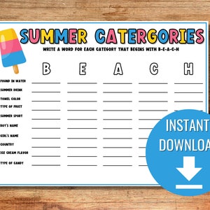 Summer Categories Game Printable Summer Game for Kids & - Etsy