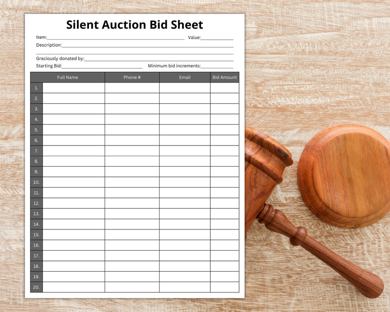 Silent Auction Bid Sheet, Editable Silent Auction Form, Silent Auction ...