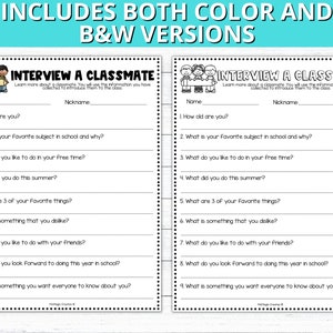 Back to School Interview a Classmate Activity, First Day of School Get ...