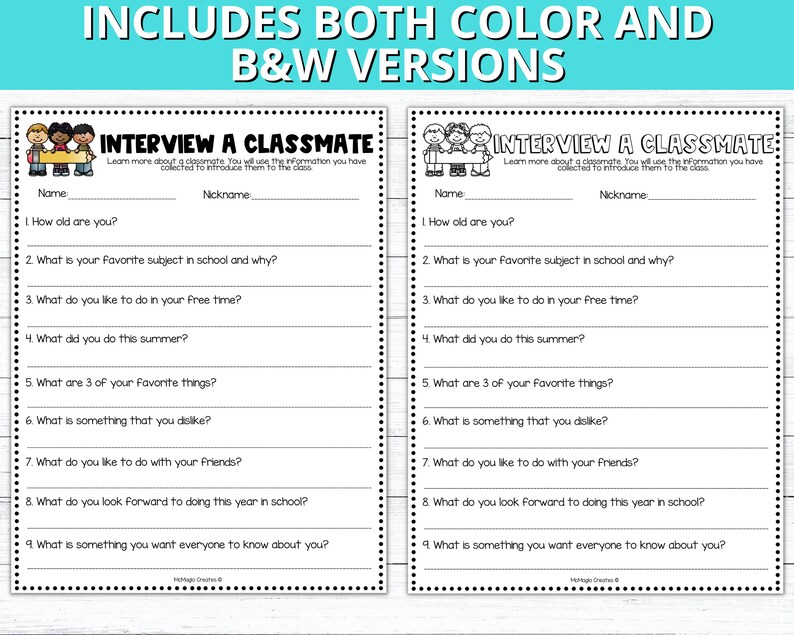 Back to School Interview a Classmate Activity, First Day of School Get ...
