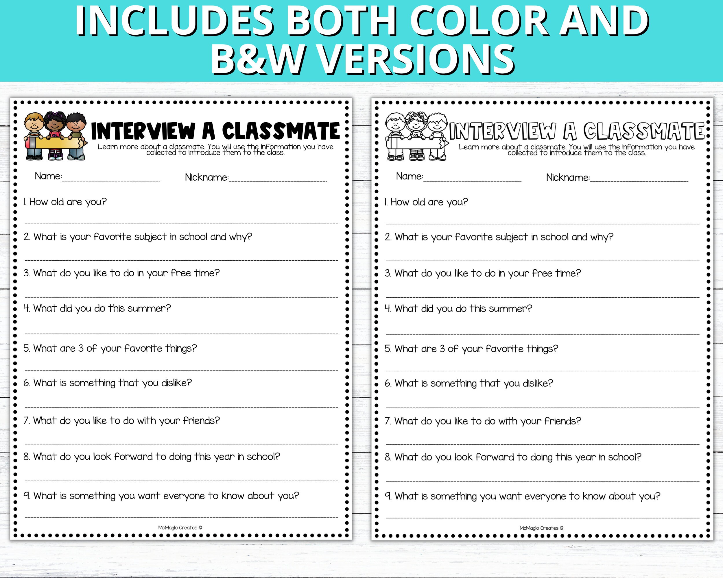 Back to School Interview a Classmate Activity, First Day of School Get ...