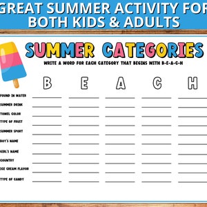 Summer Categories Game, Printable Summer Game for Kids & Adults, Summer ...