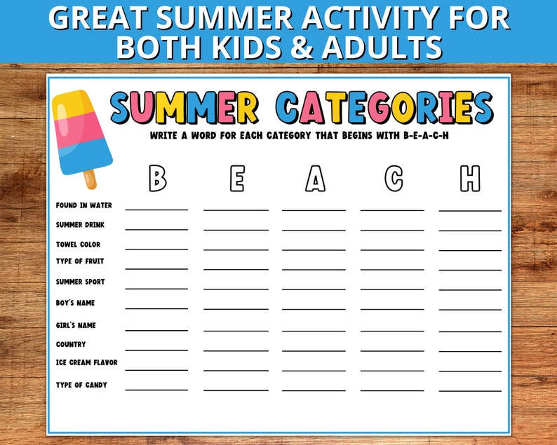Summer Categories Game, Printable Summer Game for Kids & Adults, Summer ...