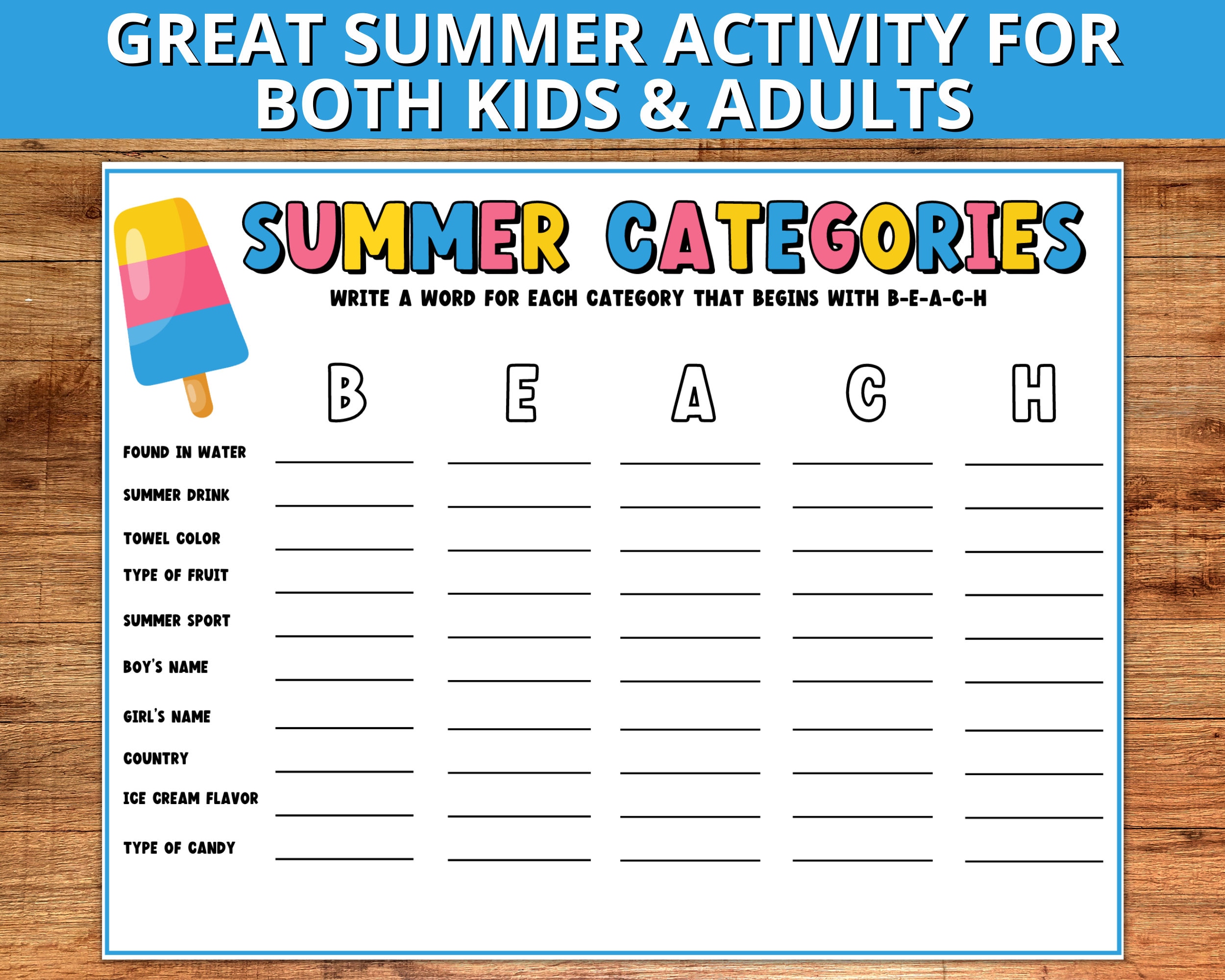 Summer Categories Game, Printable Summer Game for Kids & Adults, Summer ...