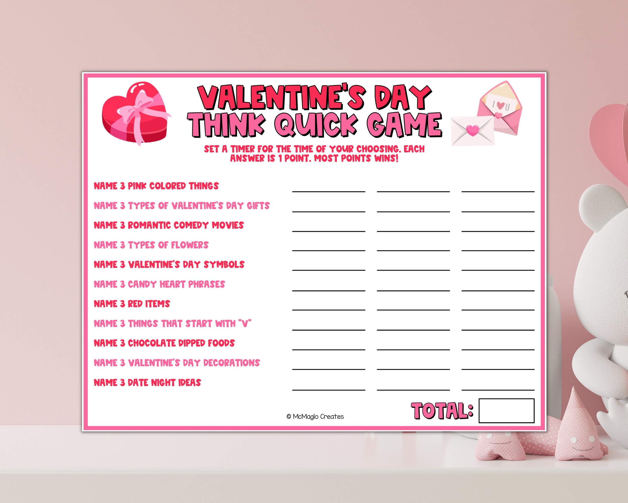 Valentine's Day Themed Think Quick Game, Valentine's Day Trivia Game ...